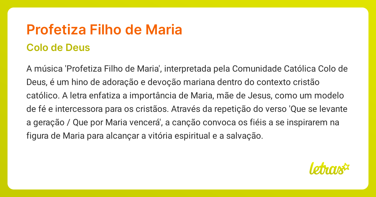 Significado da música PROFETIZA FILHO DE MARIA (Colo de Deus) - LETRAS ...