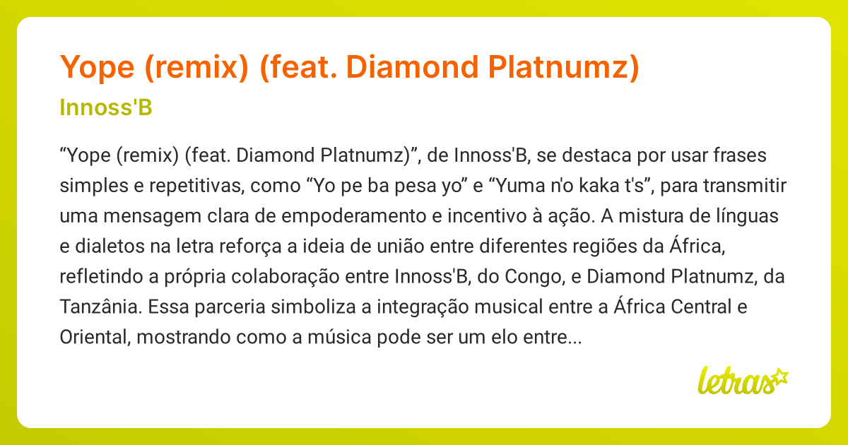 Significado da música Yope (remix) (feat. Diamond Platnumz) (Innoss'B ...