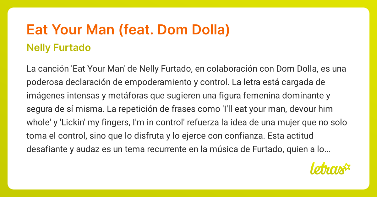 Significado de la canción EAT YOUR MAN (FEAT. DOM DOLLA) (Nelly Furtado ...