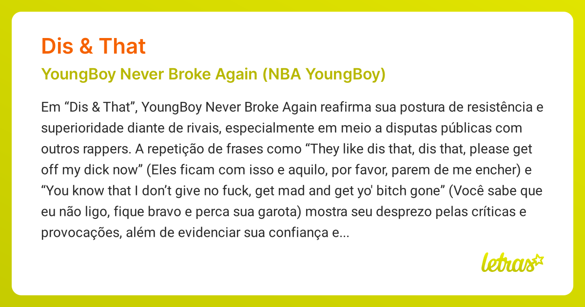 Significado da música DIS & THAT (YoungBoy Never Broke Again (NBA ...