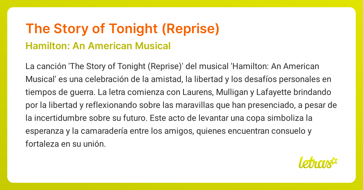 Significado de la canción THE STORY OF TONIGHT (REPRISE) (Hamilton: An ...