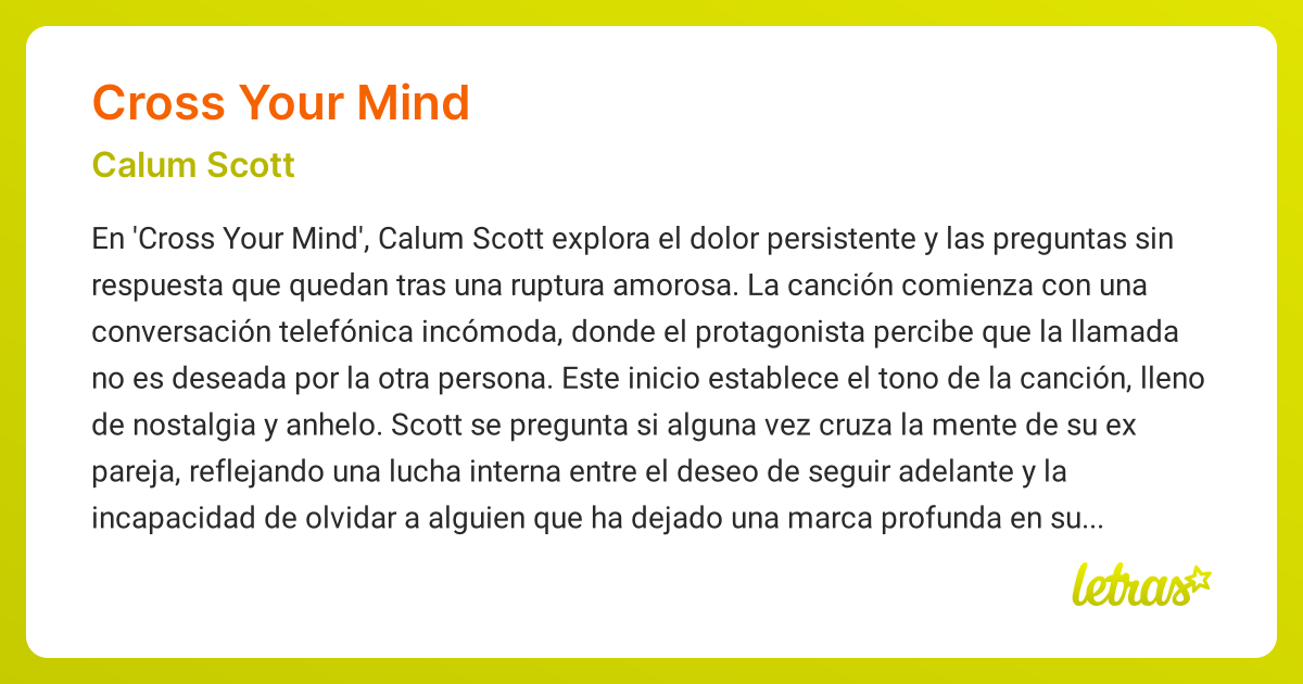 Significado de la canción CROSS YOUR MIND (Calum Scott) - LETRAS.COM