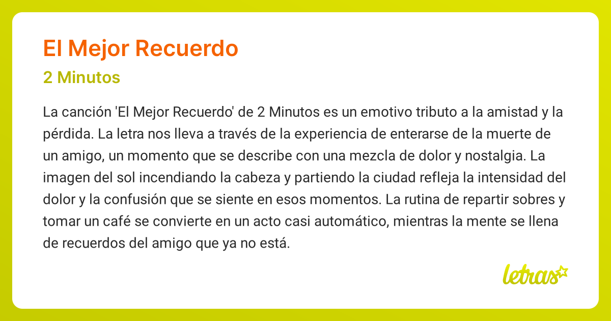 Significado de la canción EL MEJOR RECUERDO (2 Minutos) - LETRAS.COM