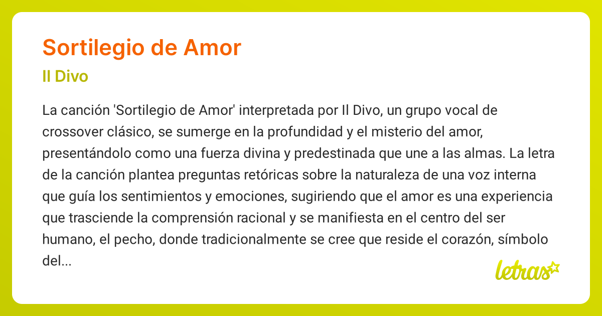 Significado de la canción SORTILEGIO DE AMOR (Il Divo) - LETRAS.COM