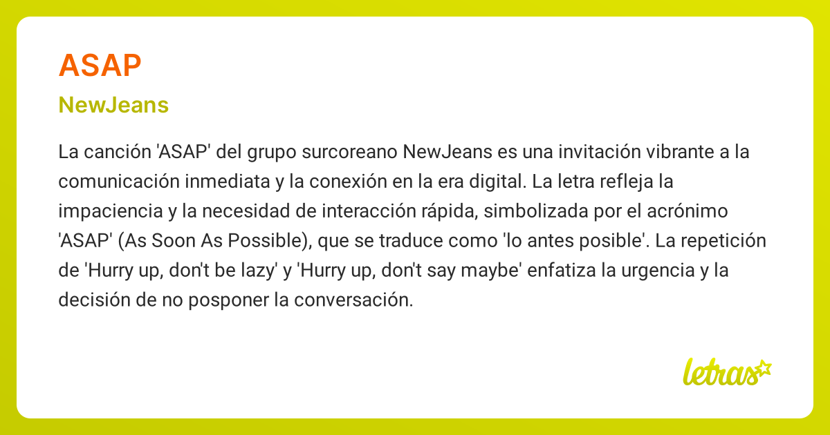 Significado de la canción ASAP (NewJeans) - LETRAS.COM