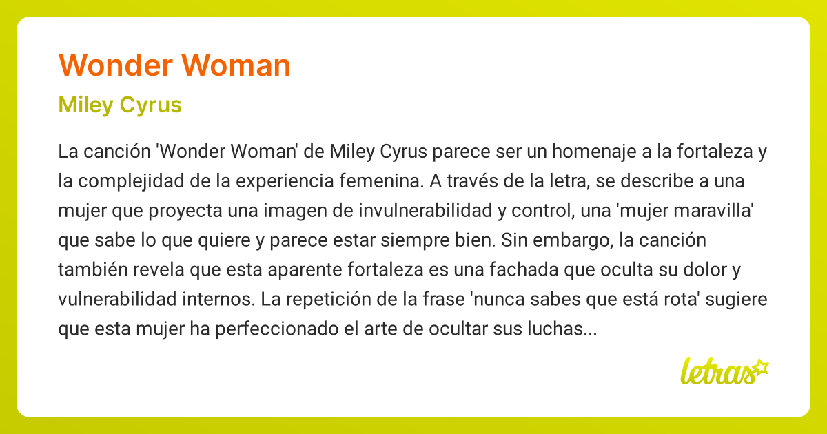 Significado de la canción WONDER WOMAN (Miley Cyrus) - LETRAS.COM