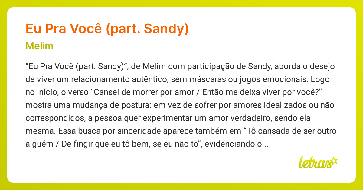 Significado da música EU PRA VOCÊ (PART. SANDY) (Melim) - LETRAS.MUS.BR