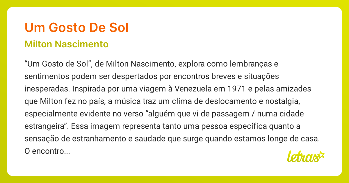 Significado da música UM GOSTO DE SOL (Milton Nascimento) - LETRAS.MUS.BR