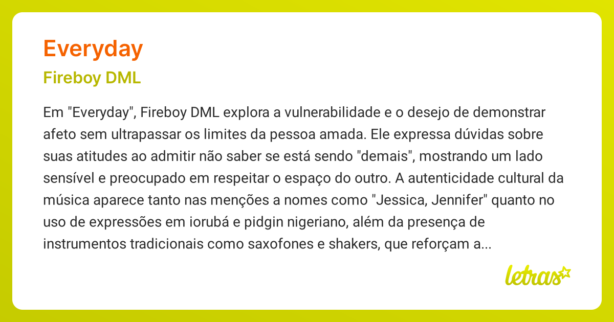 Significado da música EVERYDAY (Fireboy DML) - LETRAS.MUS.BR