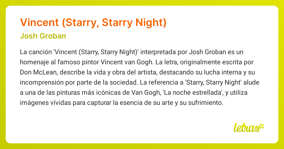 Significado de la canción VINCENT (STARRY, STARRY NIGHT) (Josh Groban ...