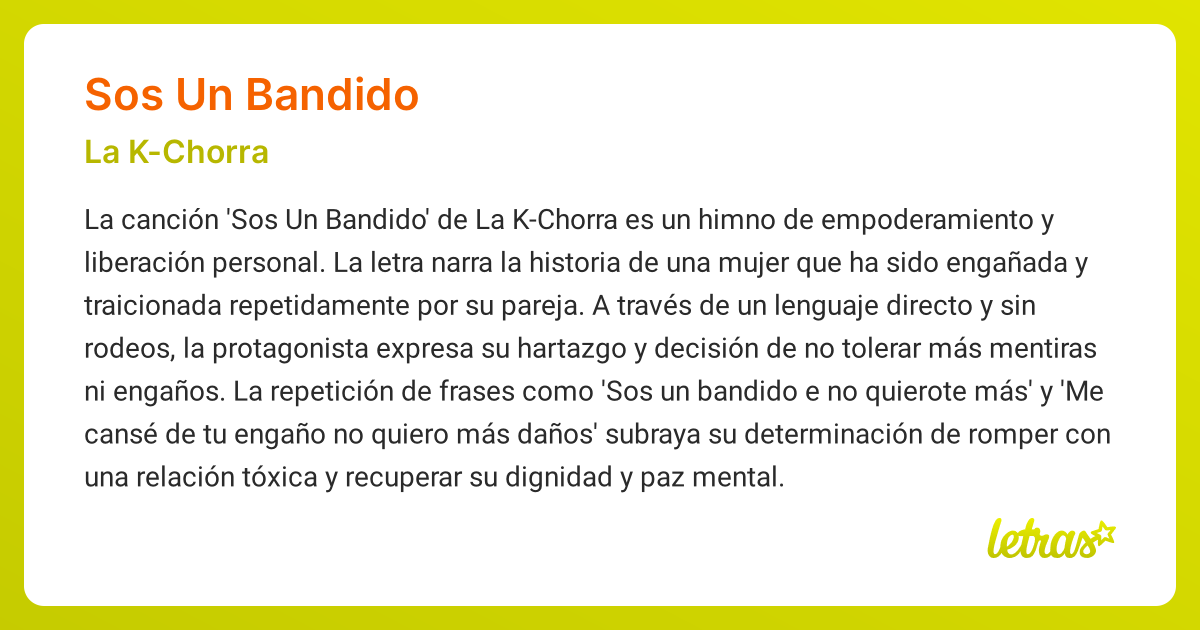 Significado de la canción SOS UN BANDIDO (La K-Chorra) - LETRAS.COM