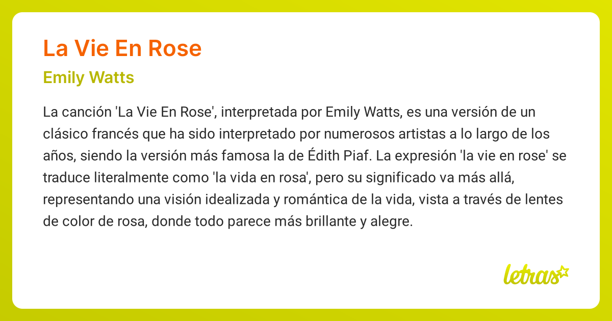 Significado de la canción LA VIE EN ROSE (Emily Watts) - LETRAS.COM