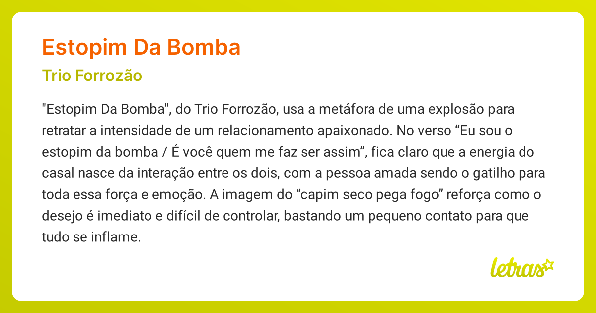 Significado da música ESTOPIM DA BOMBA (Trio Forrozão) - LETRAS.MUS.BR