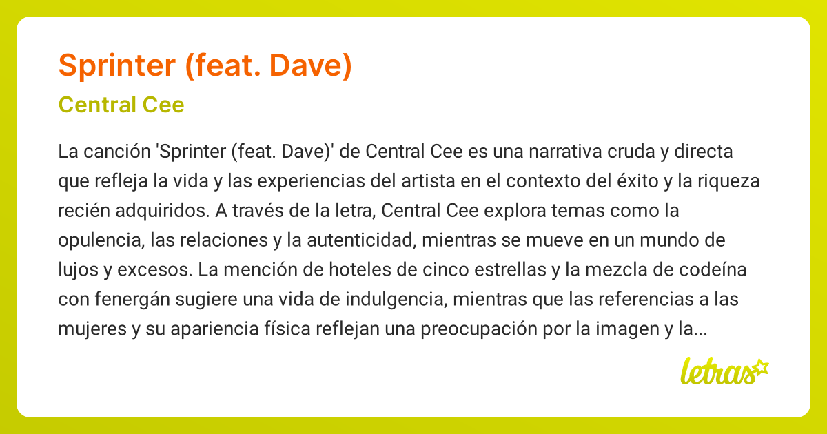Significado de la canción SPRINTER (FEAT. DAVE) (Central Cee) - LETRAS.COM