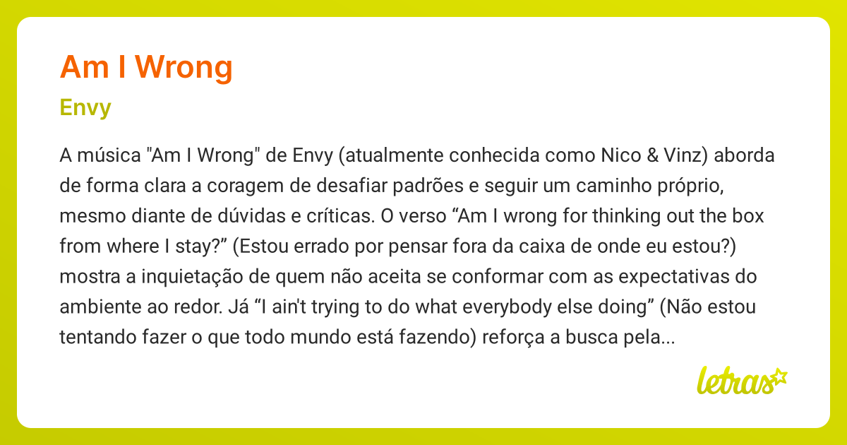 Significado da música AM I WRONG (Envy) - LETRAS.MUS.BR