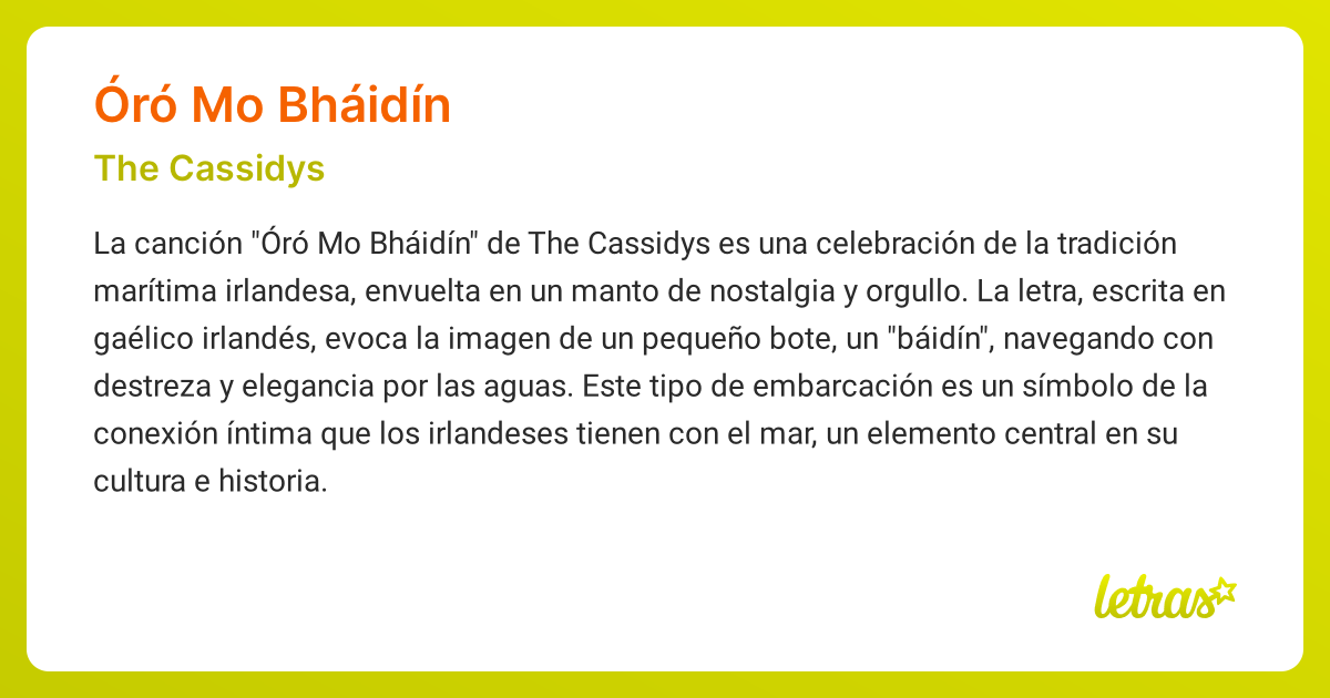 Significado de la canción ÓRÓ MO BHÁIDÍN (The Cassidys) - LETRAS.COM