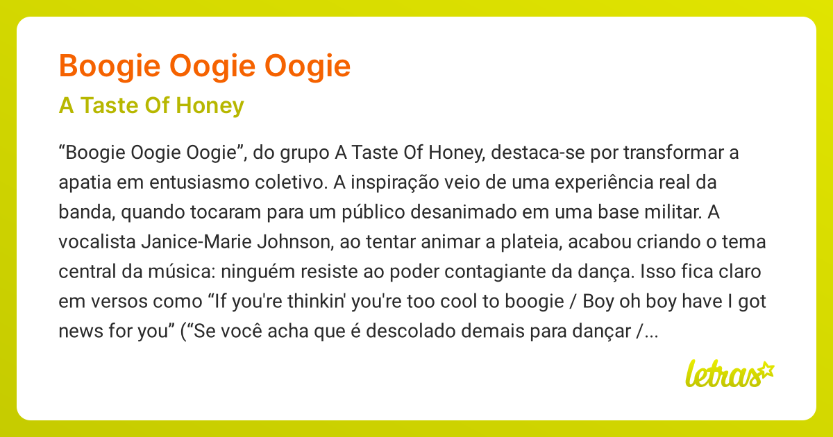 Significado da música BOOGIE OOGIE OOGIE (A Taste Of Honey) - LETRAS.MUS.BR