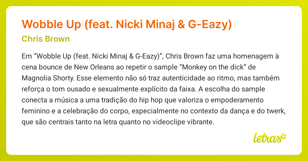 Significado da música Wobble Up (feat. Nicki Minaj & G-Eazy) (Chris ...