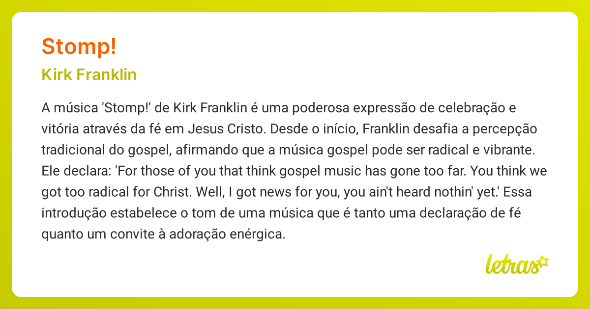 Significado da música STOMP! (Kirk Franklin) - LETRAS.MUS.BR