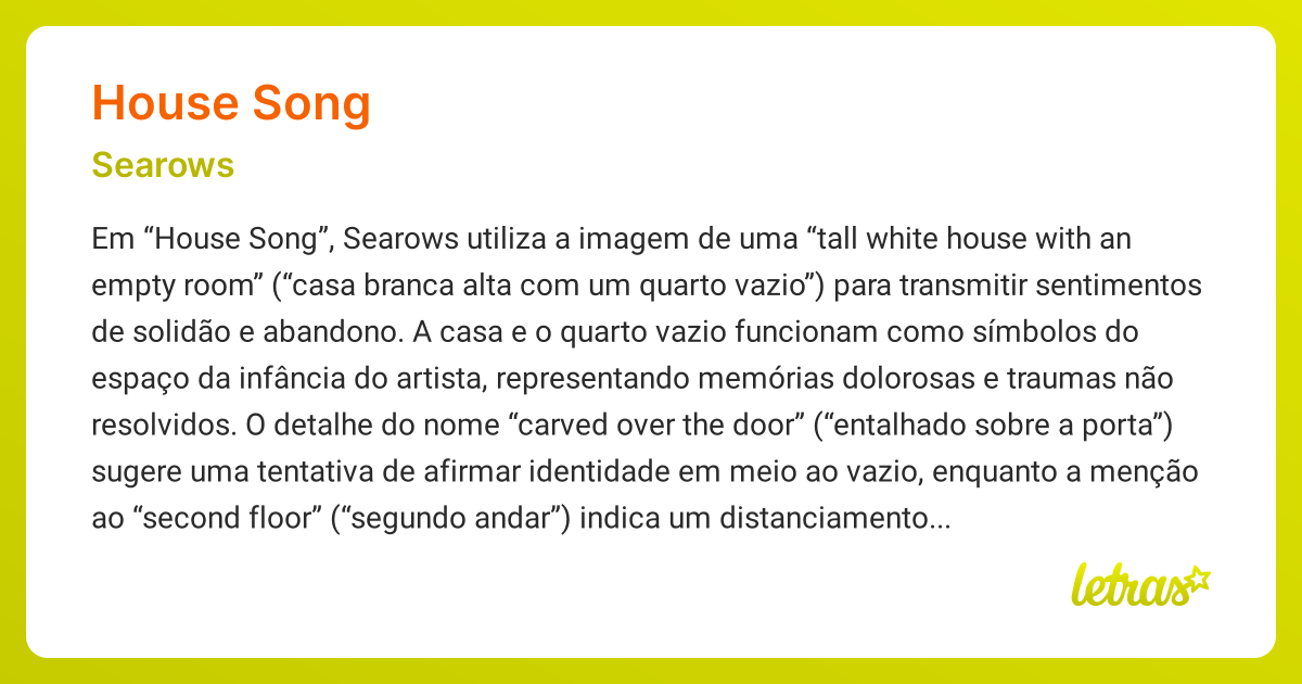 Significado da música HOUSE SONG (Searows) - LETRAS.MUS.BR