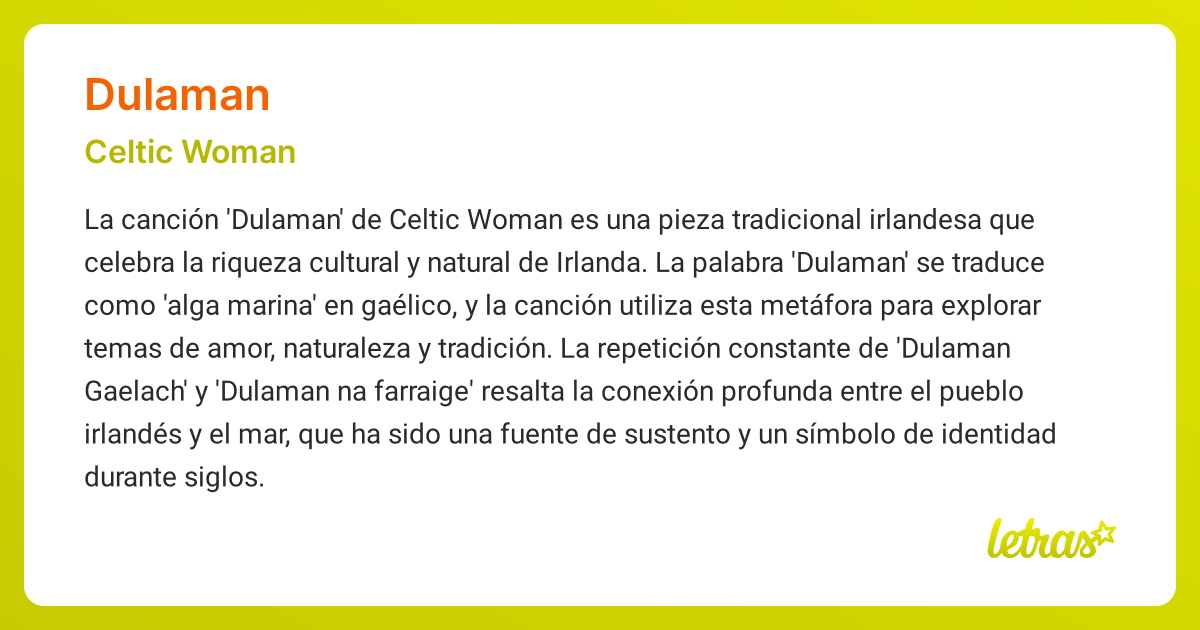 Significado de la canción DULAMAN (Celtic Woman) - LETRAS.COM