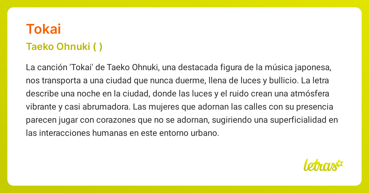 Significado de la canción TOKAI (Taeko Ohnuki (大貫 妙子)) - LETRAS.COM