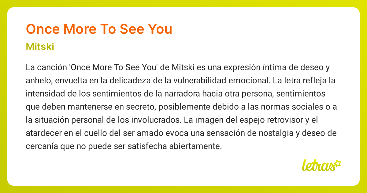 Significado de la canción ONCE MORE TO SEE YOU (Mitski) - LETRAS.COM