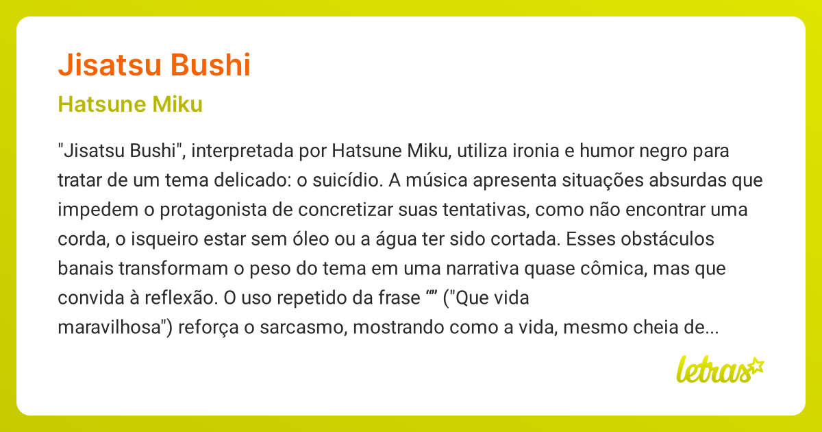 Significado da música JISATSU BUSHI (Hatsune Miku) - LETRAS.MUS.BR