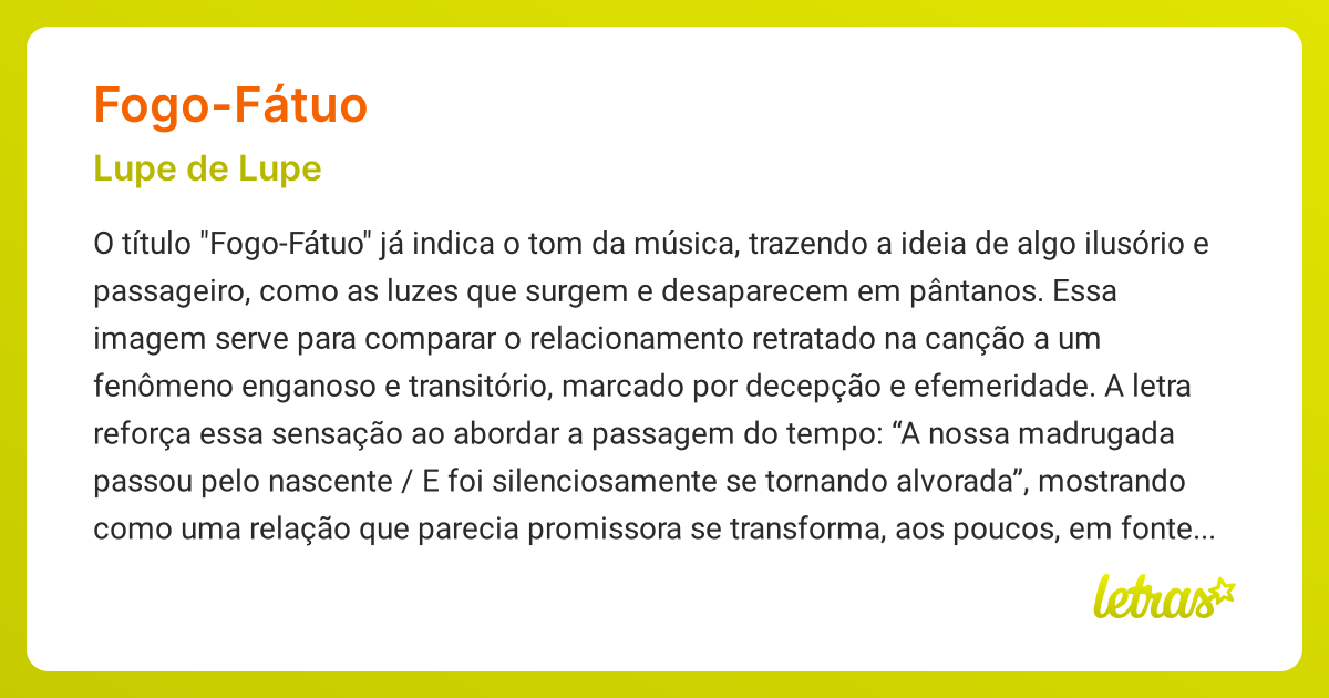 Significado da música FOGO - FÁTUO (Lupe de Lupe) - LETRAS.MUS.BR