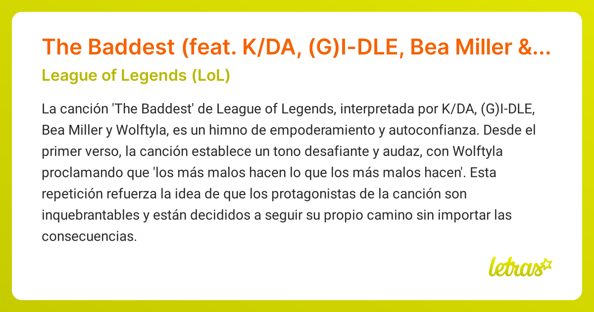 Significado de la canción The Baddest (feat. K/DA, (G)I-DLE, Bea Miller ...