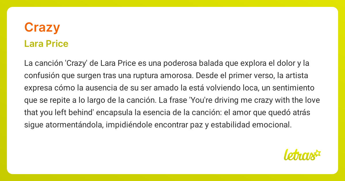 Significado de la canción CRAZY (Lara Price) - LETRAS.COM