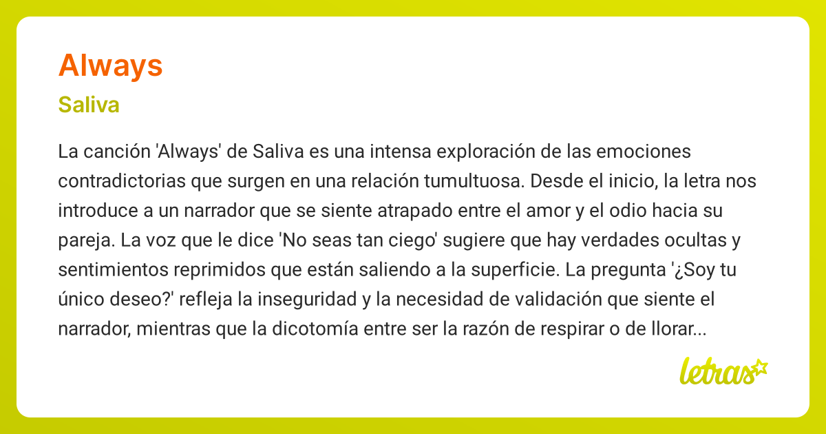Significado de la canción ALWAYS (Saliva) - LETRAS.COM
