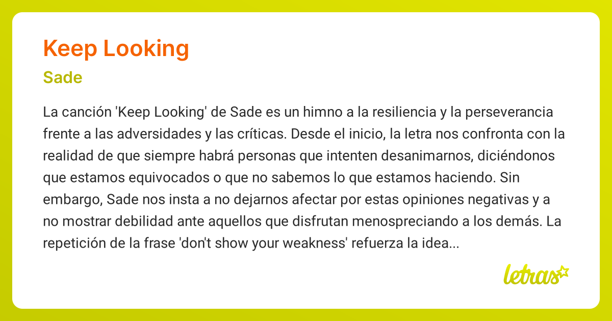 Significado de la canción KEEP LOOKING (Sade) - LETRAS.COM