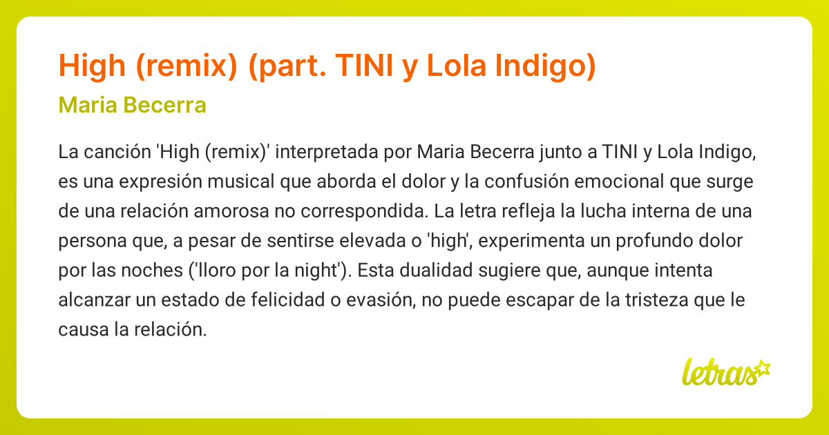 Significado de la canción High (remix) (part. TINI y Lola Indigo ...