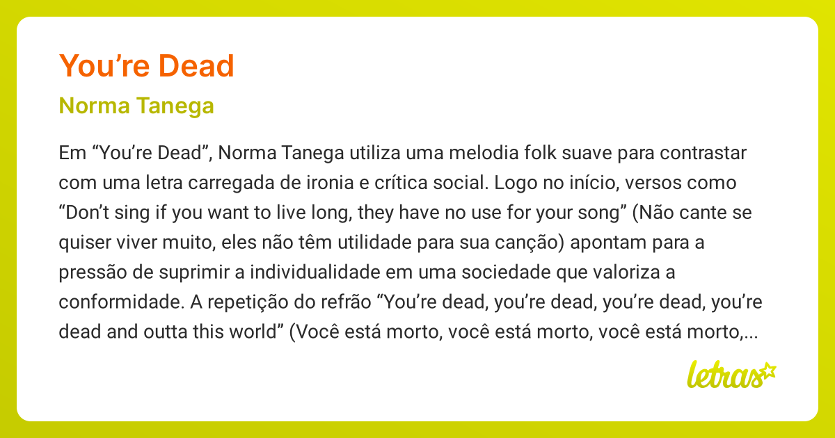 Significado da música YOU’RE DEAD (Norma Tanega) - LETRAS.MUS.BR