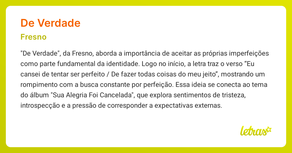 Significado da música DE VERDADE (Fresno) - LETRAS.MUS.BR