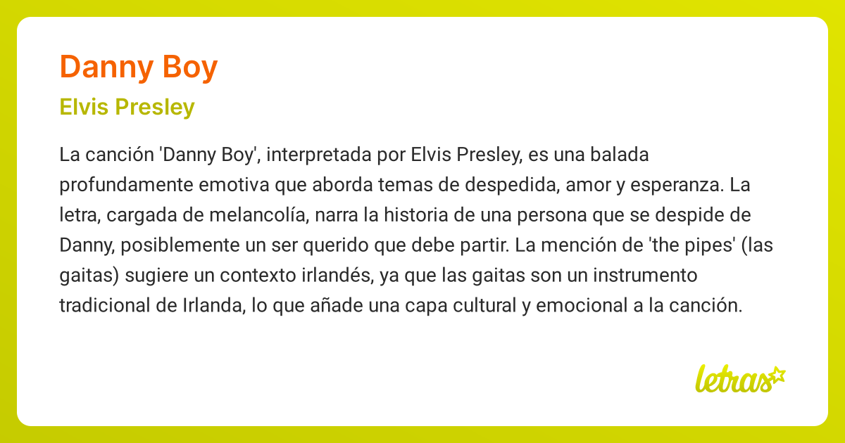 Significado de la canción DANNY BOY (Elvis Presley) - LETRAS.COM