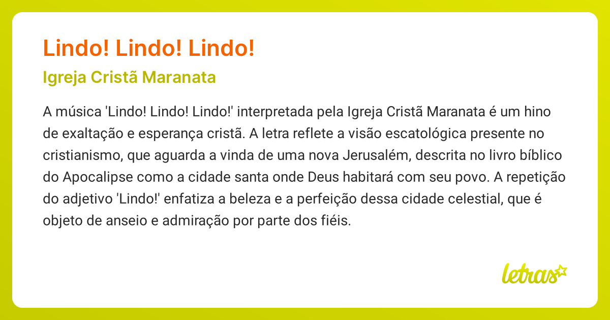 Significado da música LINDO! LINDO! LINDO! (Igreja Cristã Maranata ...