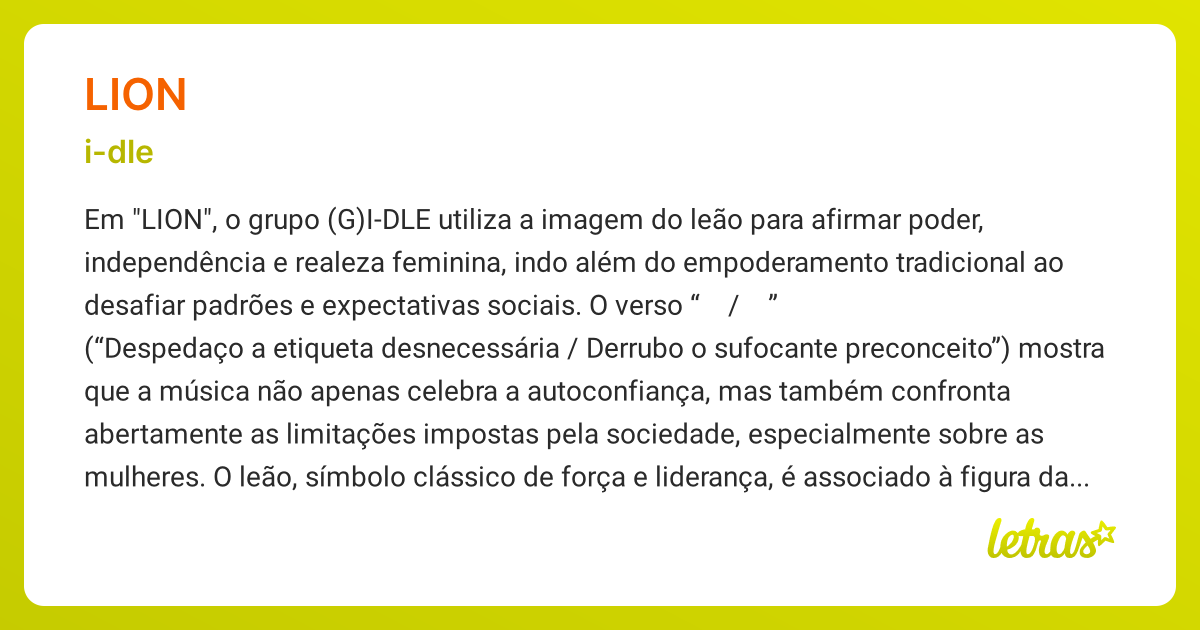 Significado da música LION (i-dle) - LETRAS.MUS.BR