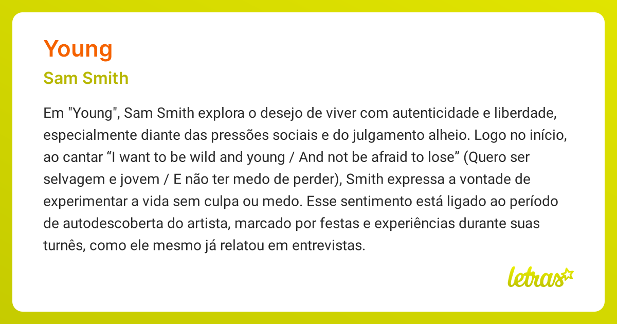 Significado da música YOUNG (Sam Smith) - LETRAS.MUS.BR
