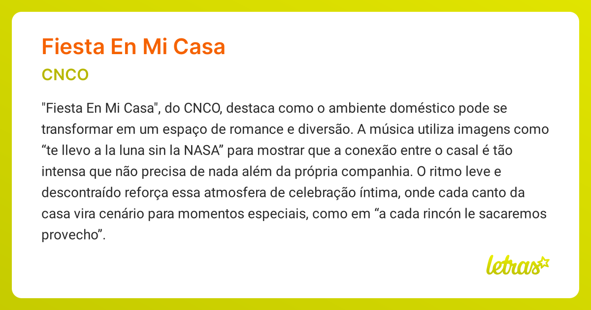 Significado da música FIESTA EN MI CASA (CNCO) - LETRAS.MUS.BR