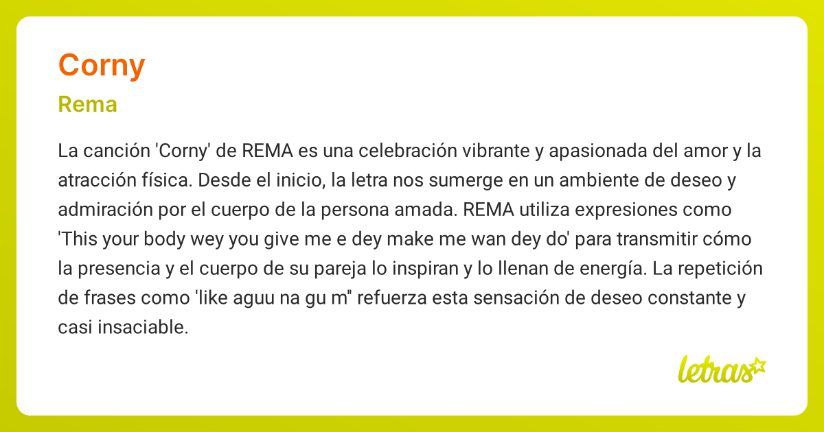 Significado de la canción CORNY (Rema) - LETRAS.COM