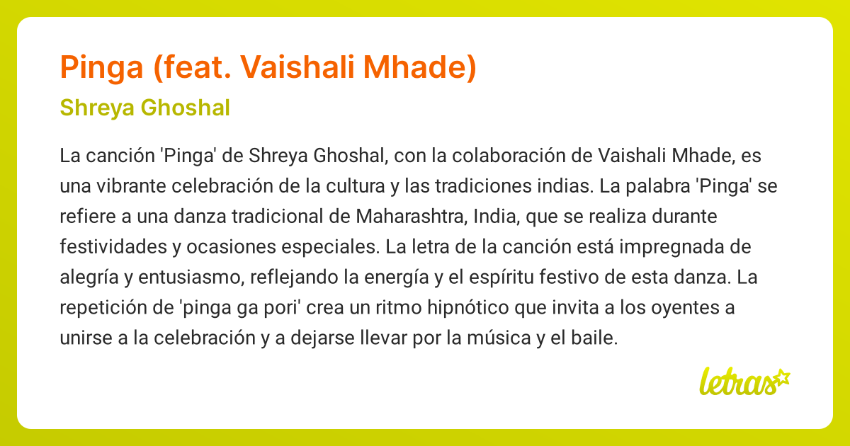 Significado de la canción PINGA (FEAT. VAISHALI MHADE) (Shreya Ghoshal ...