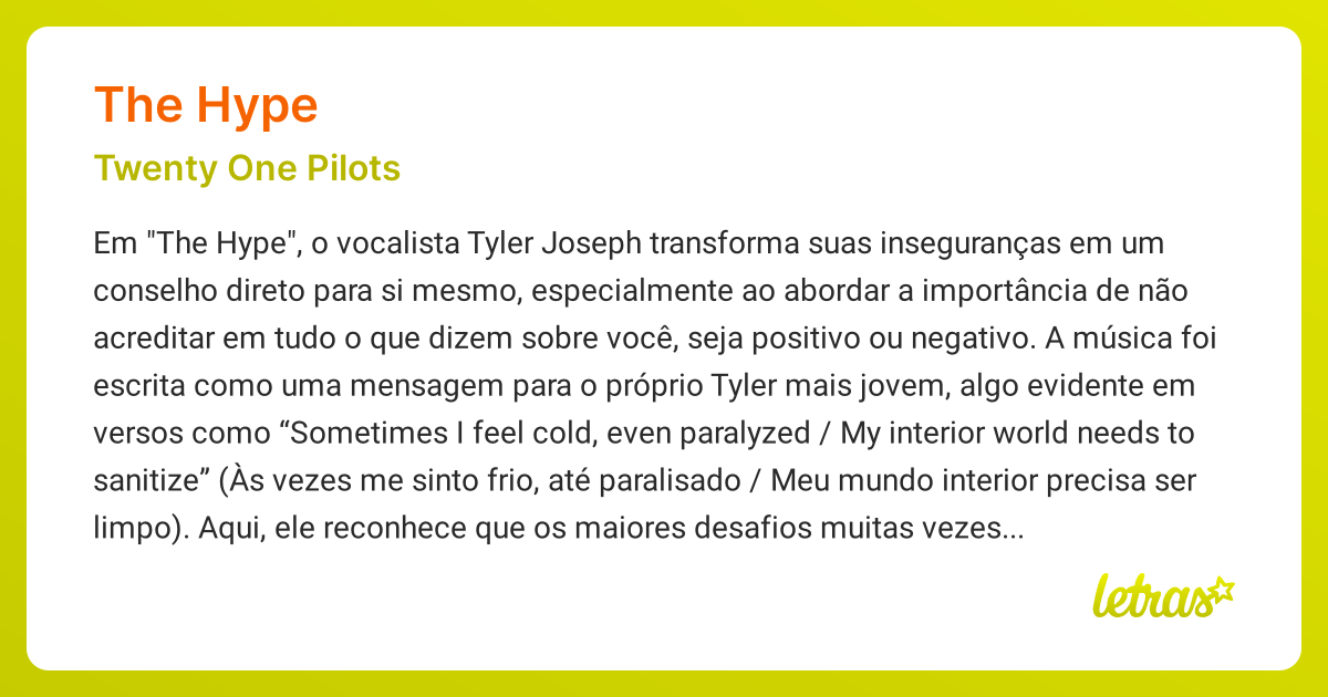 Significado da música THE HYPE (Twenty One Pilots) - LETRAS.MUS.BR