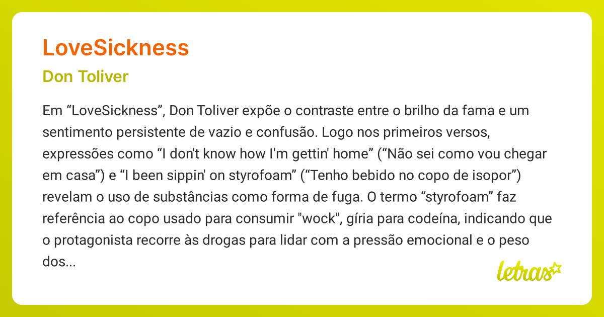 Significado da música LOVESICKNESS (Don Toliver) - LETRAS.MUS.BR