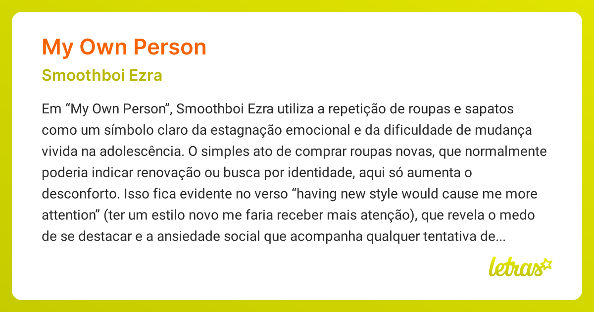 Significado da música MY OWN PERSON (Smoothboi Ezra) - LETRAS.MUS.BR