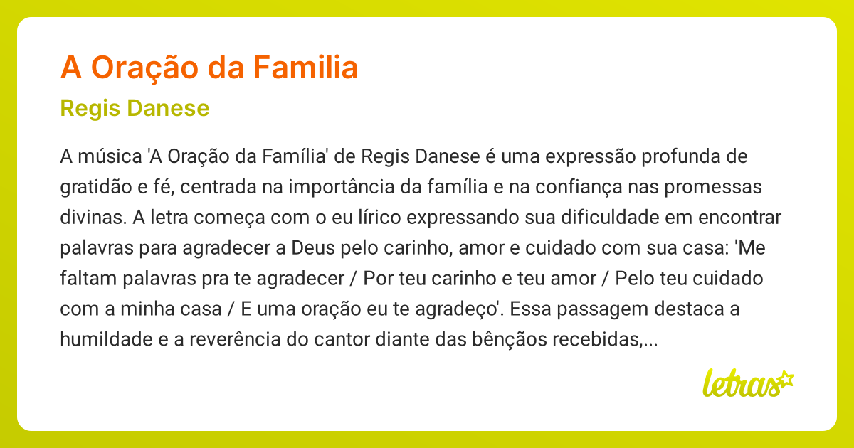 Significado da música A ORAÇÃO DA FAMILIA (Regis Danese) - LETRAS.MUS.BR