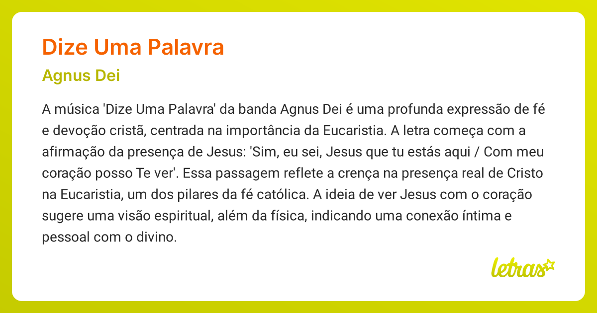 Significado da música DIZE UMA PALAVRA (Agnus Dei) - LETRAS.MUS.BR