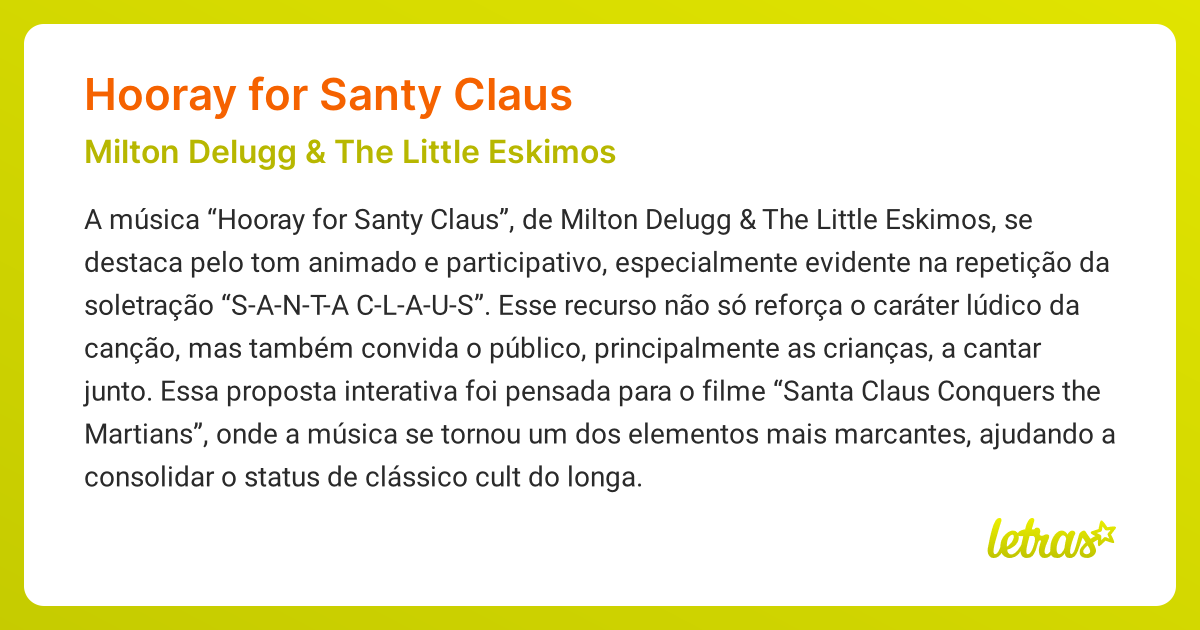 Significado da música HOORAY FOR SANTY CLAUS (Milton Delugg & The ...