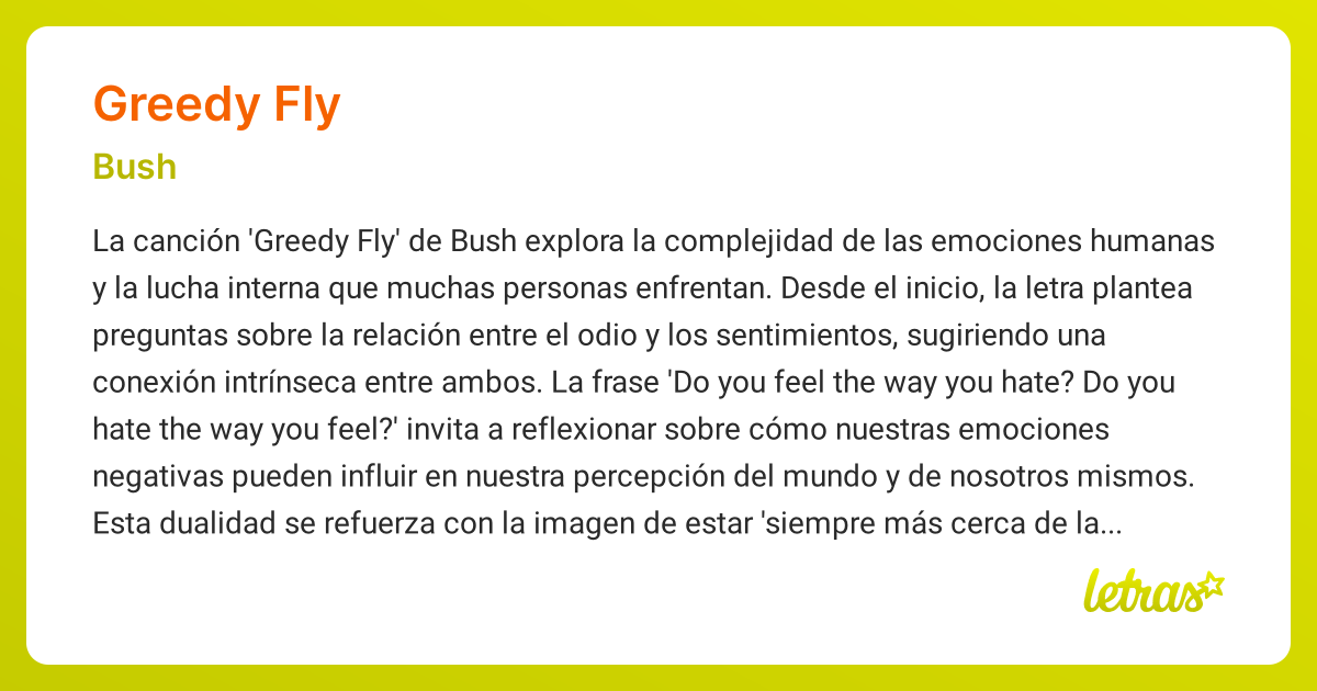 Significado de la canción GREEDY FLY (Bush) - LETRAS.COM